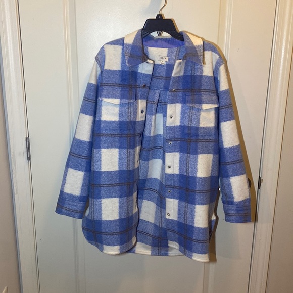 J. Crew | Jackets & Coats | J Crew Light Blue Plaid Longline Shacket ...